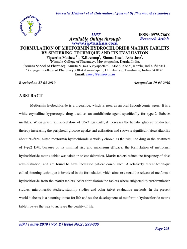 Metformin Hydrochloride Matrix Tablets | PDF | Tablet (Pharmacy ...