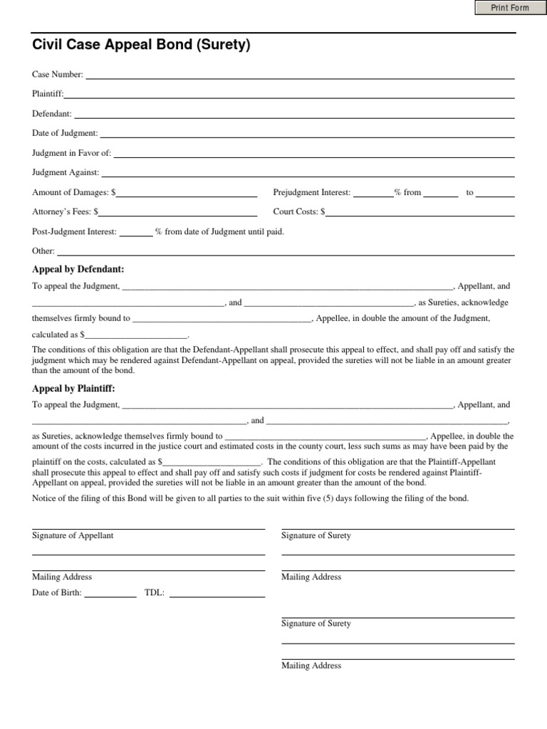 Civil Case Appeal Bond (Surety) | Download Free PDF | Surety Bond ...