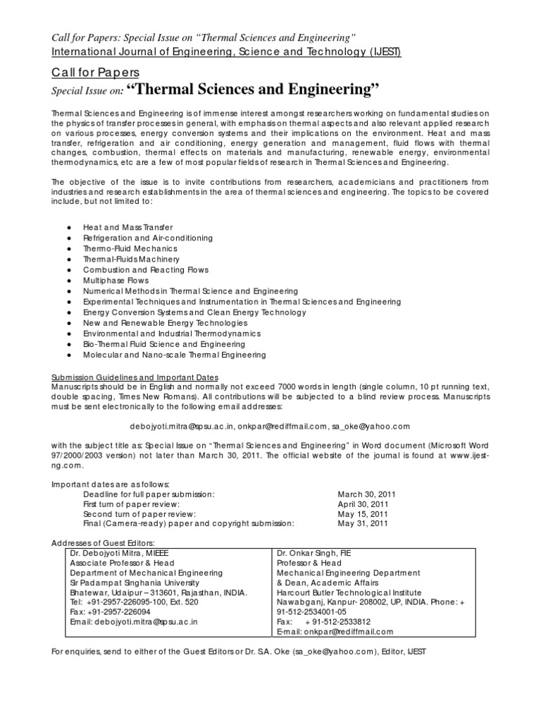Special Issue - Thermal Sciences and Engineering | PDF | Engineering ...
