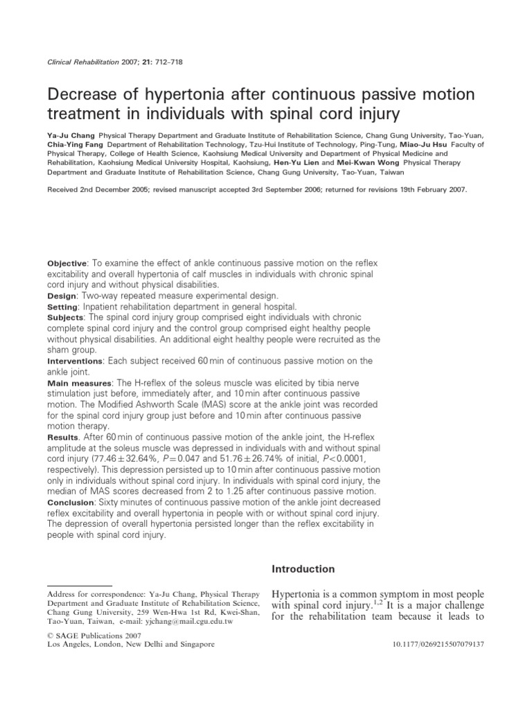 Decrease of Hypertonia After Continuous Passive Motion Treatment in ...