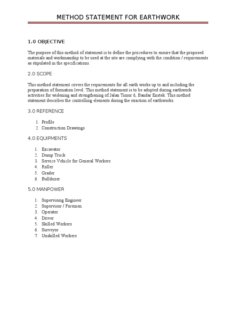 Method Statement Earthwork | PDF | Excavation (Archaeology) | Levee