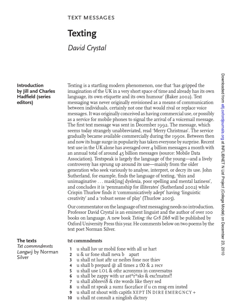 TEXTING David Crystal ELT | PDF | Text Messaging | English Language