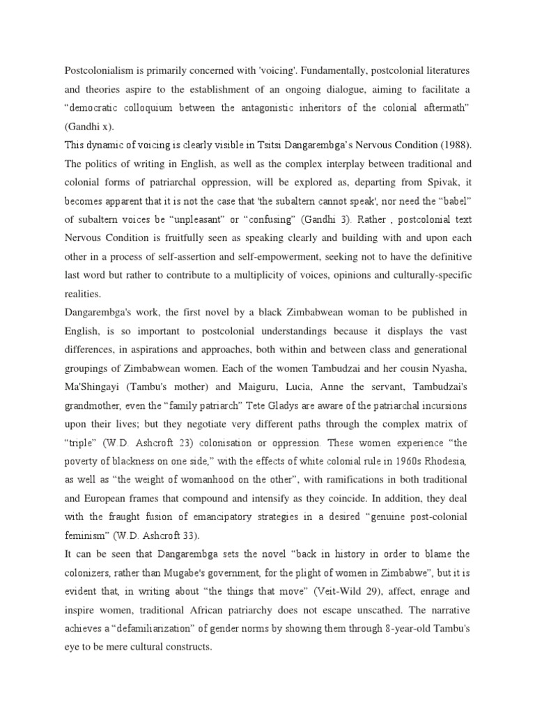 Postcolonial Voices in Nervous Conditions | PDF | Postcolonialism ...