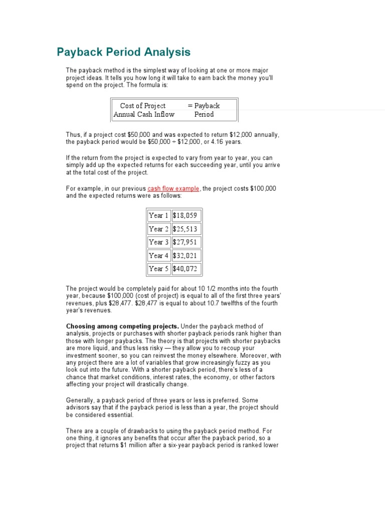 Payback Period Analysis: Cost of Project Annual Cash Inflow Payback ...