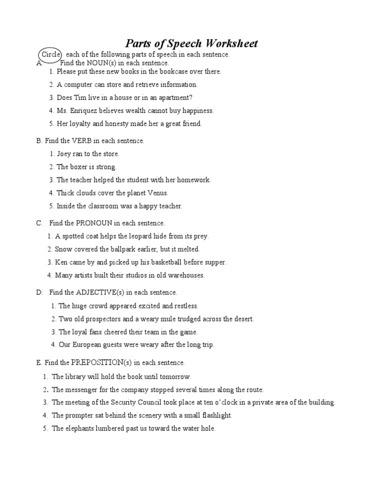 Parts Of Speech Sentences Worksheets