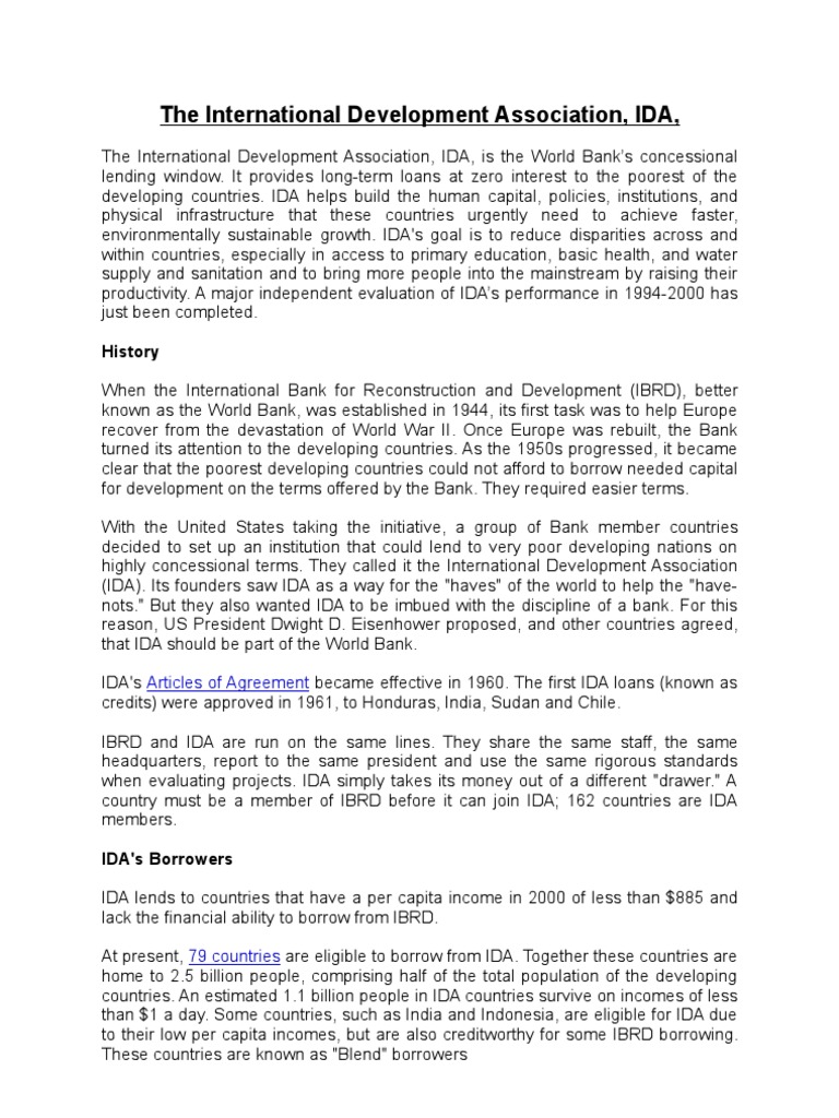 The International Development Association, IDA,: History | PDF ...