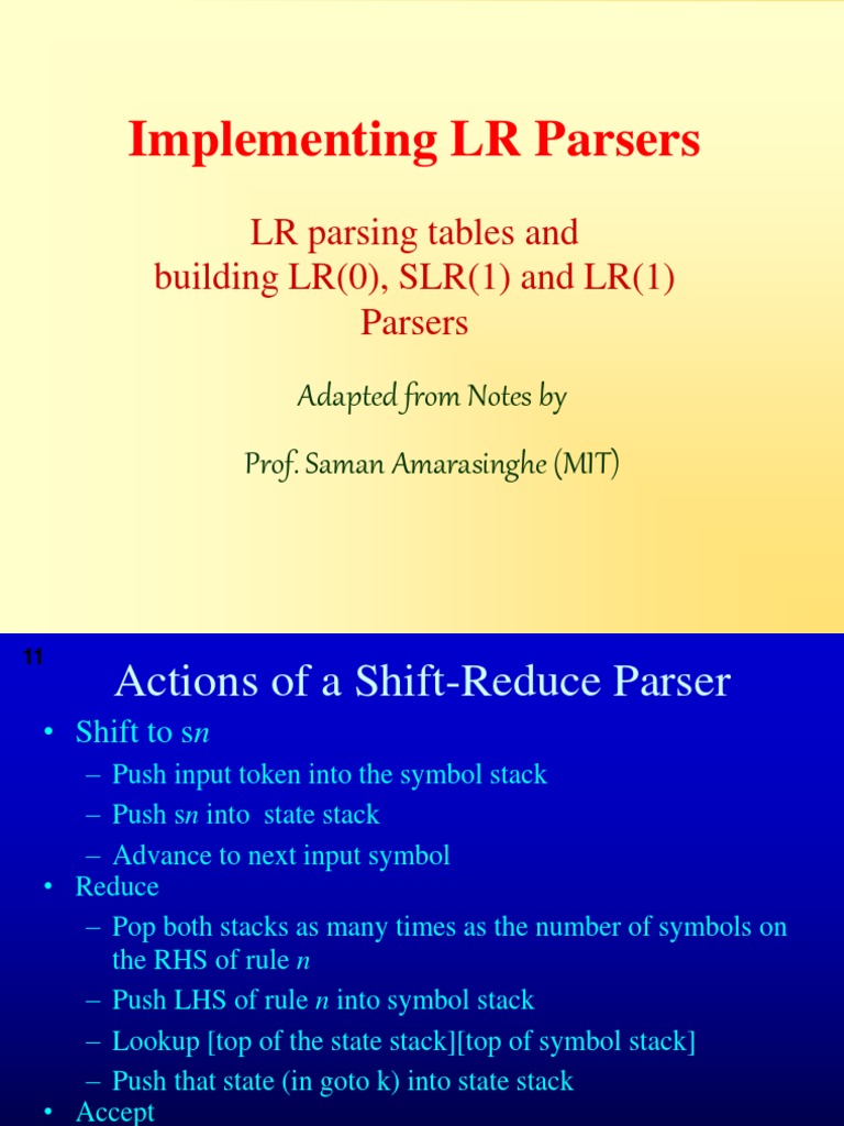 Implementing LR Parsers: LR Parsing Tables and Building LR (0), SLR (1) and LR (1) Parsers | PDF ...