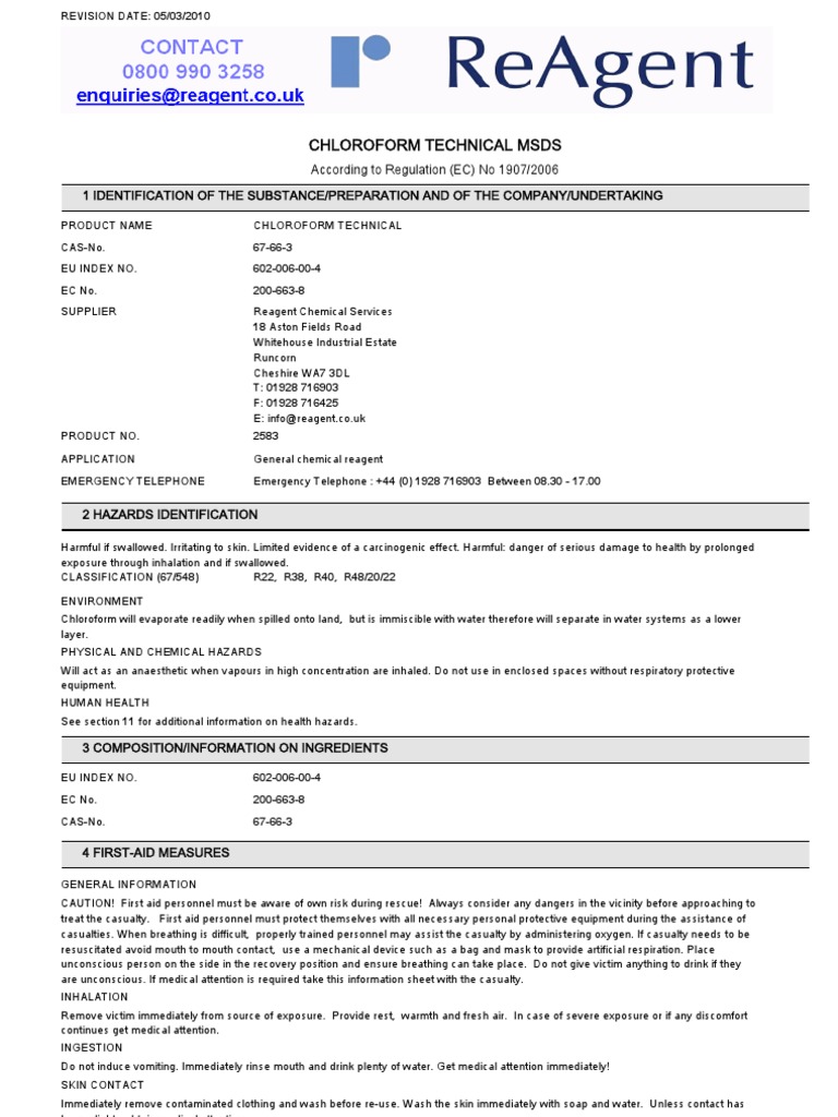 Chloroform Technical Msds | Personal Protective Equipment | Water