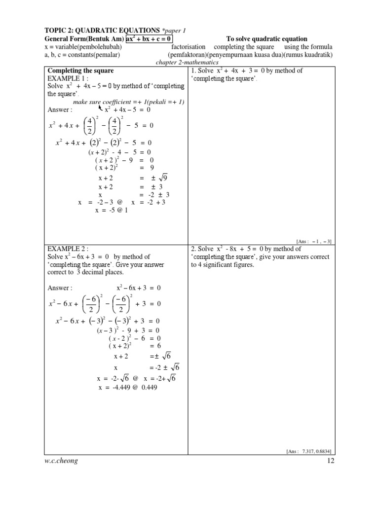 Topic 2-Quadratic Equations | PDF | Equations | Mathematical Analysis