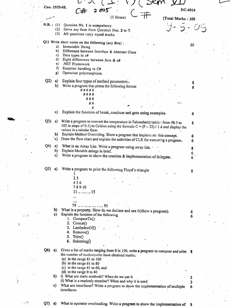 TY BSC IT Mumbai University Question Paper Sem 6 C# | PDF | Computer ...