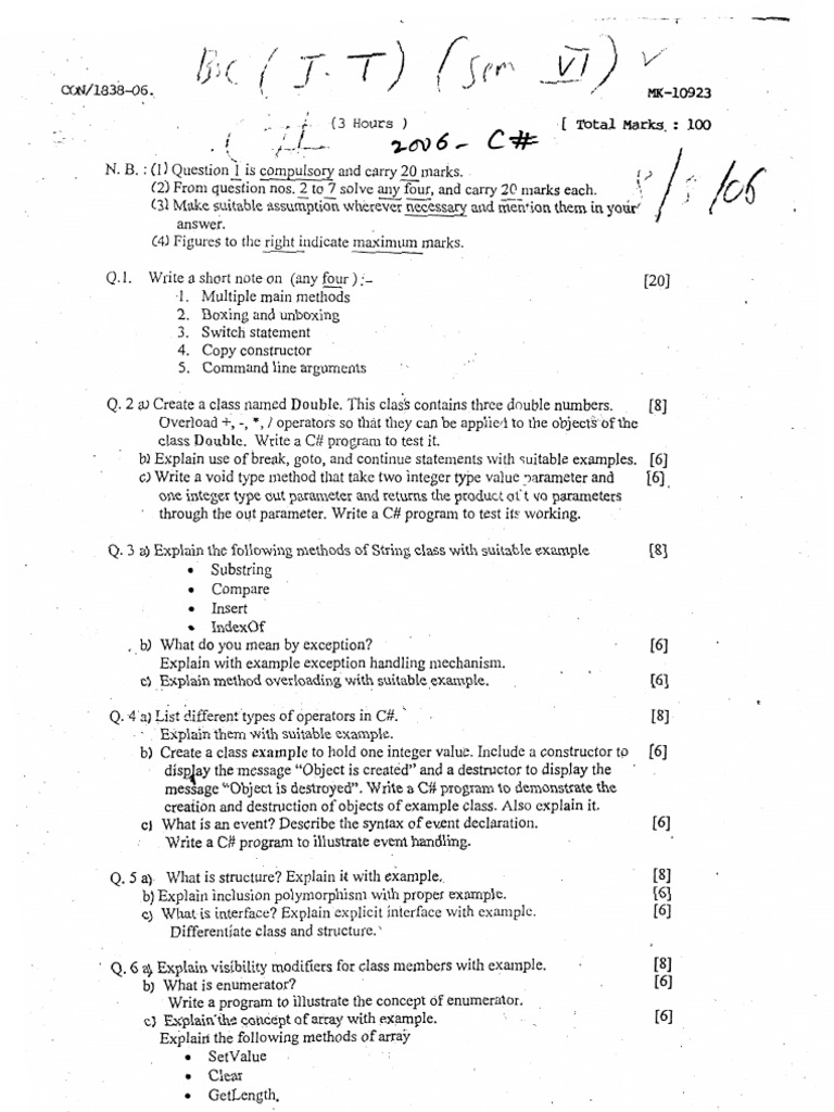 TYBSc IT Mumbai University Question Paper Sem 6 C# | PDF