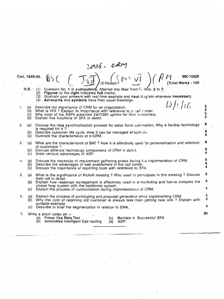 TY BSC IT Mumbai University Question Paper Sem 6 CRM | PDF