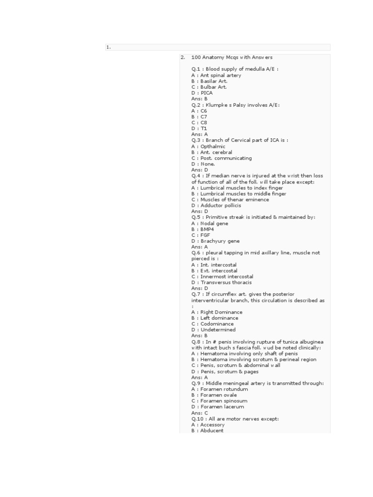 100 Anatomy Mcqs With Answers | PDF | Knee | Angiology