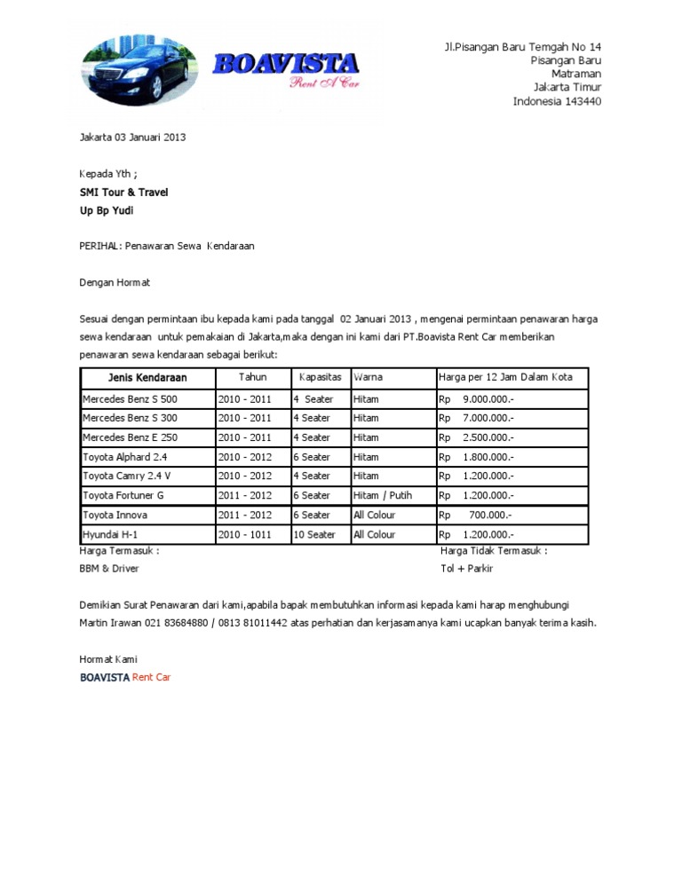 Contoh Surat Penawaran Rental Mobil - Perumperindo.co.id