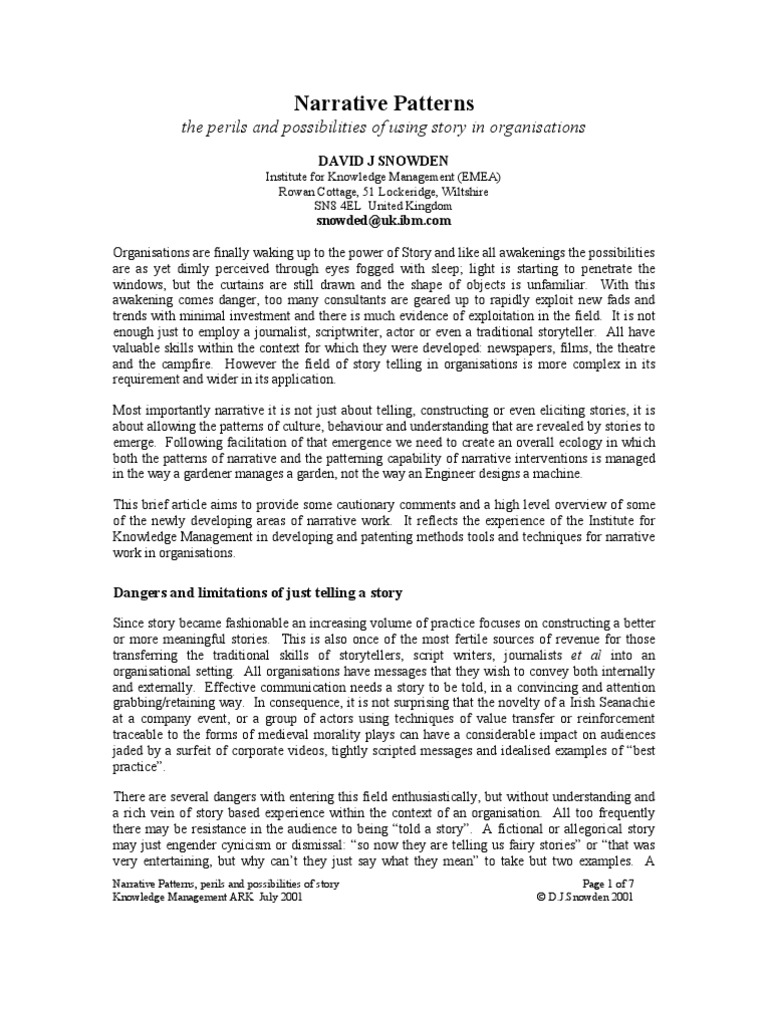 DAVID J SNOWDEN (Narrative PATTERN) PDF | PDF | Narrative | Storytelling