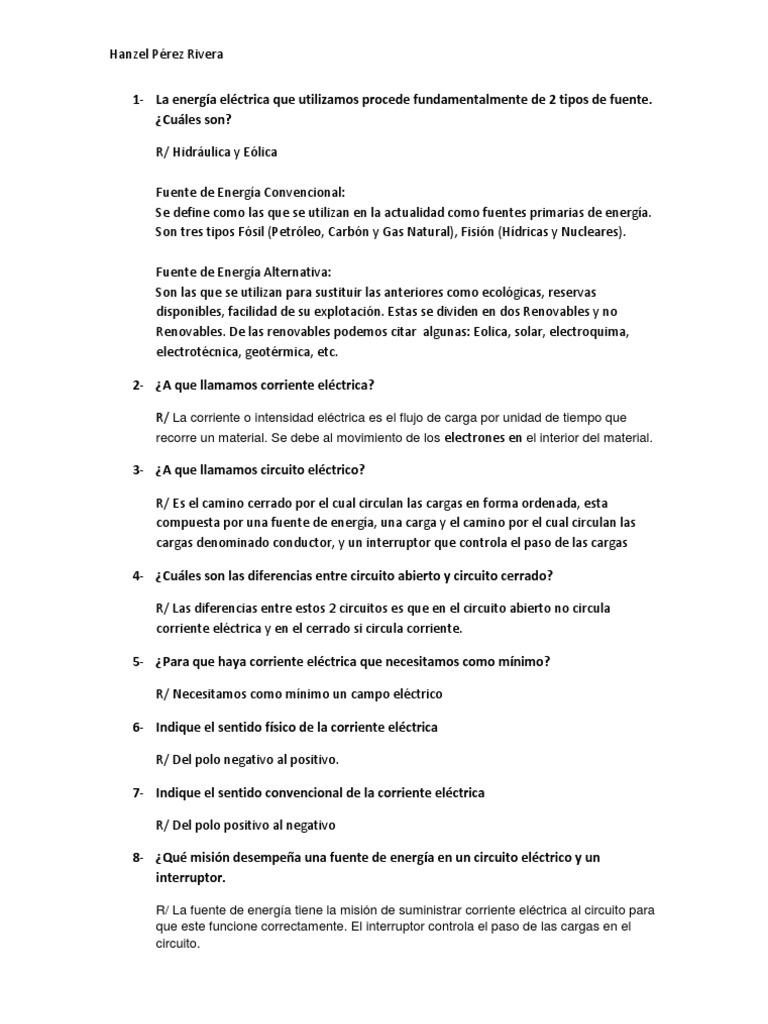 Cuestionario Electricidad | PDF | Tecnología energética | Corriente ...