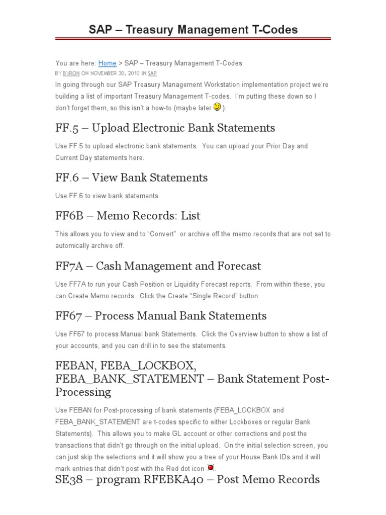 SAP - Treasury Management T-Codes | PDF | Payments | Fedwire