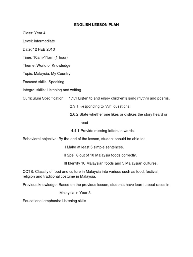 English Lesson Plan (Assignment) | PDF | Lesson Plan | Malaysia