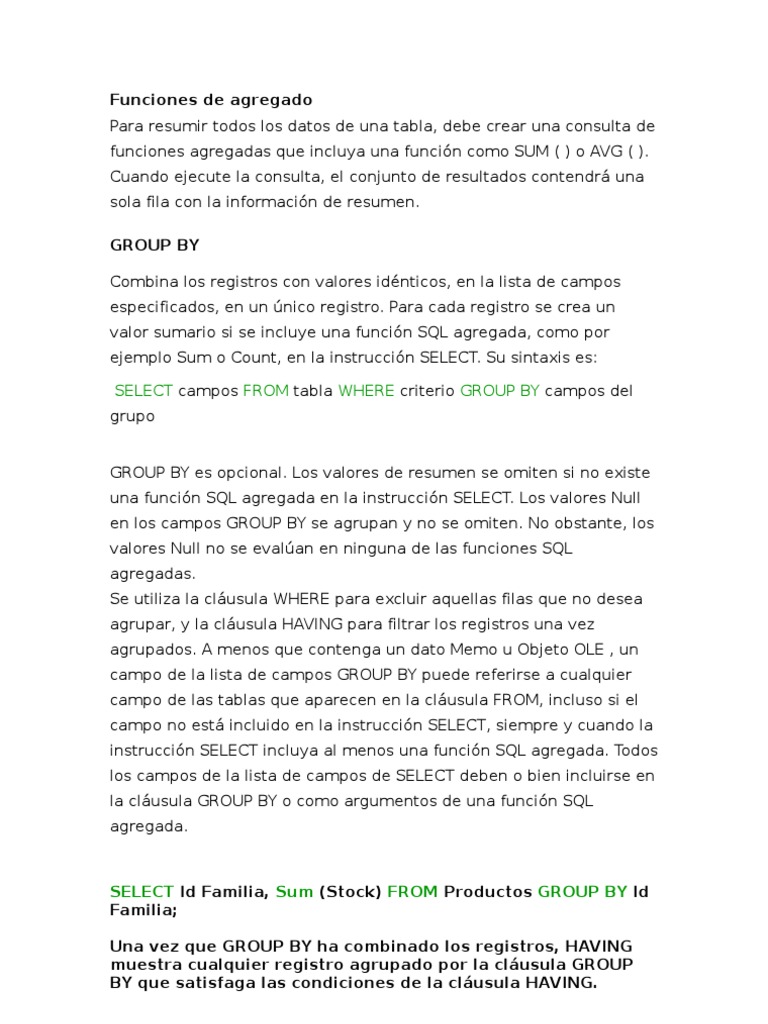 Funciones de Agregado | PDF | SQL | Bases de datos