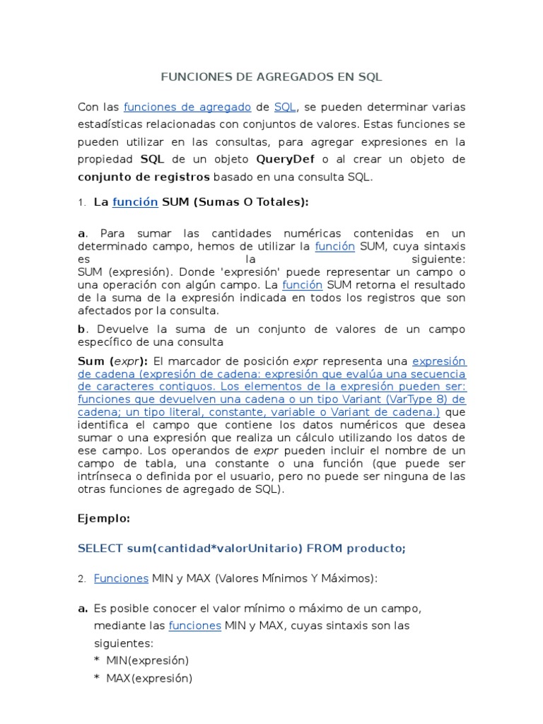 Funciones de Agregados en SQL | PDF | SQL | Función (Matemáticas)