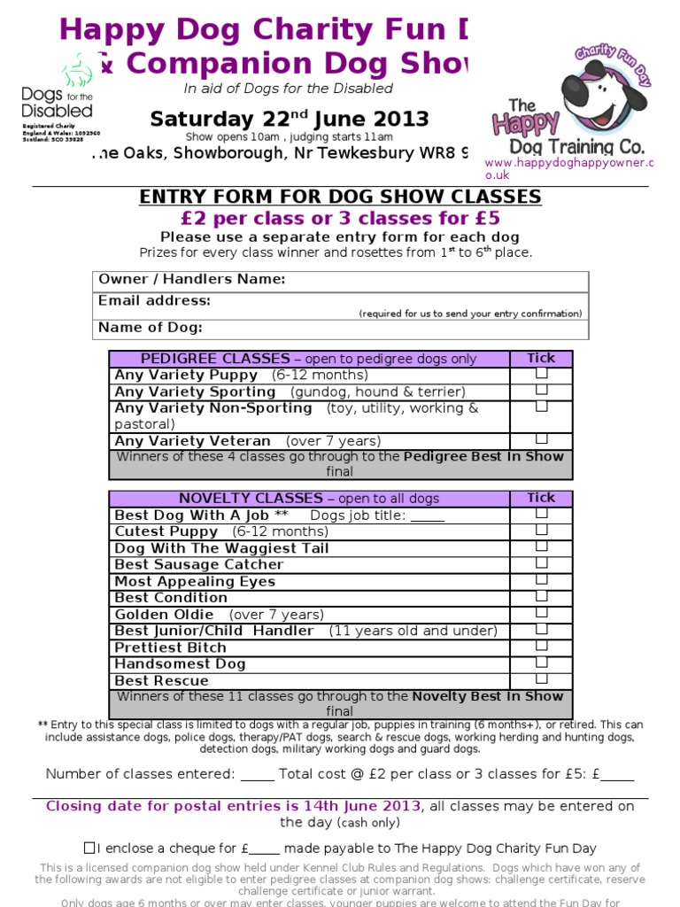 Happy Dog Charity Fun Day entry form (Word version) | Conformation Show ...