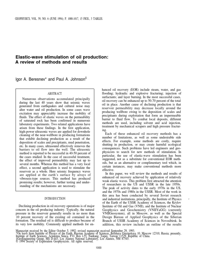 3 IOR EOR Beresnev Johnson Elastic-Wave Stimulation of Oil Production Methods and Results | PDF