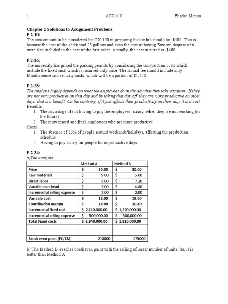 Chapter 2 Solutions To Assignment Problems | PDF | Cost | Percentage