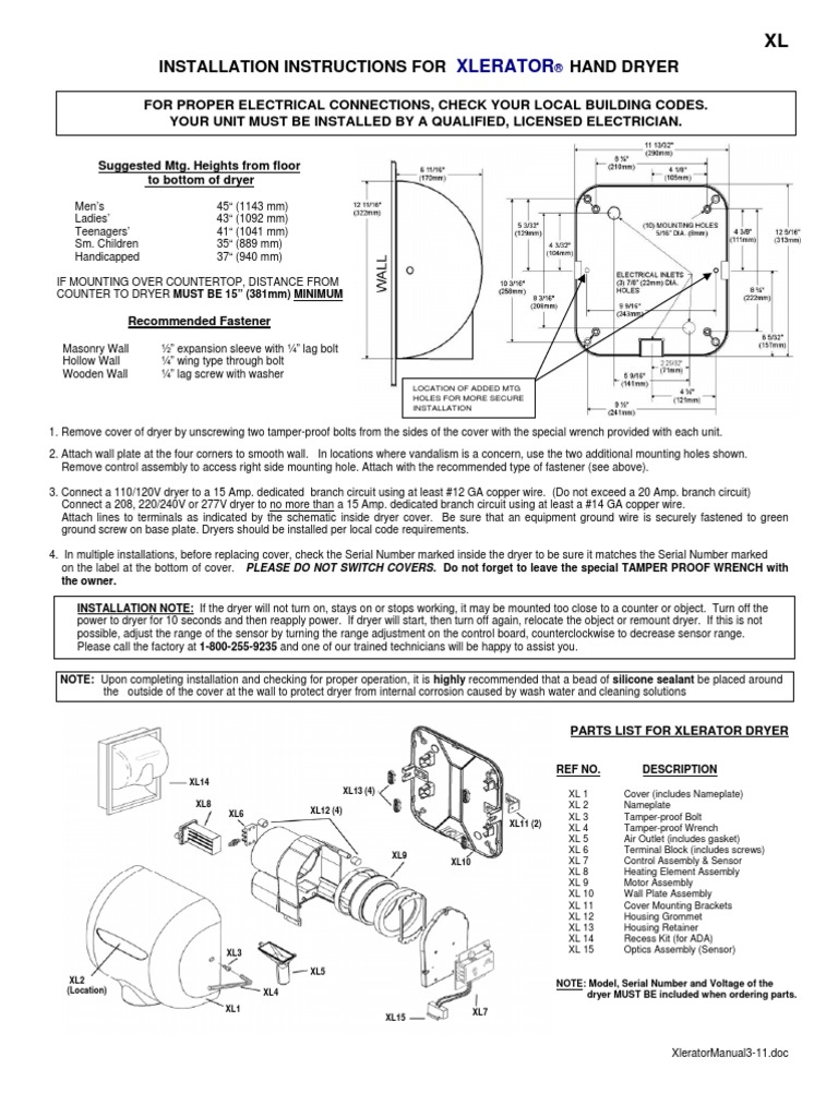 Installation Instructions For Hand Dryer: Xlerator | PDF | Home & Garden