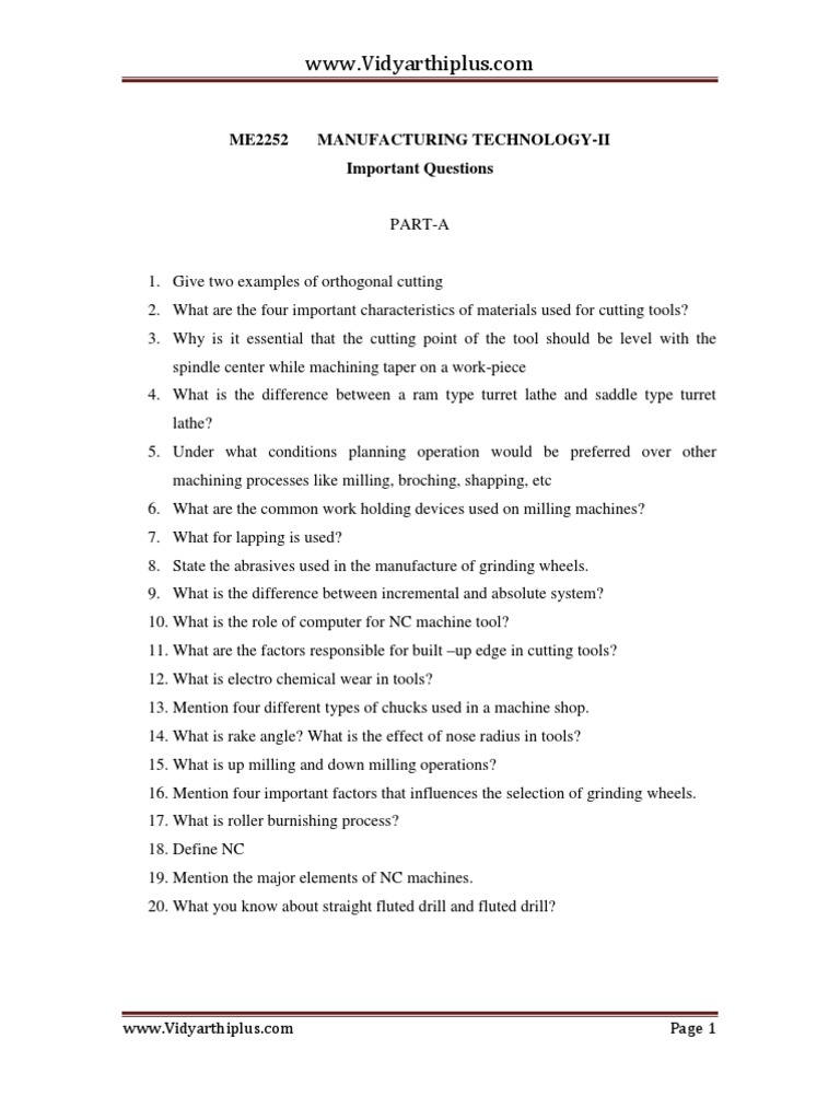 Manufacturing Technology - Question Paper PDF | PDF | Machining ...