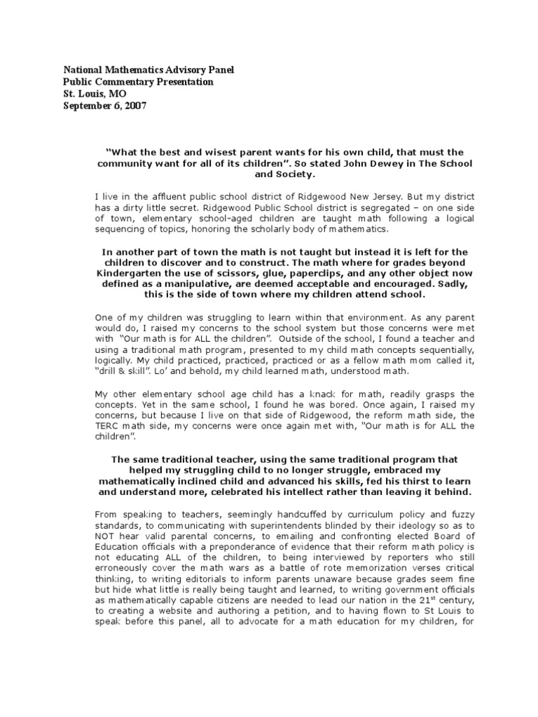 National Mathematics Advisory Panel Public Commentary Presentation St ...