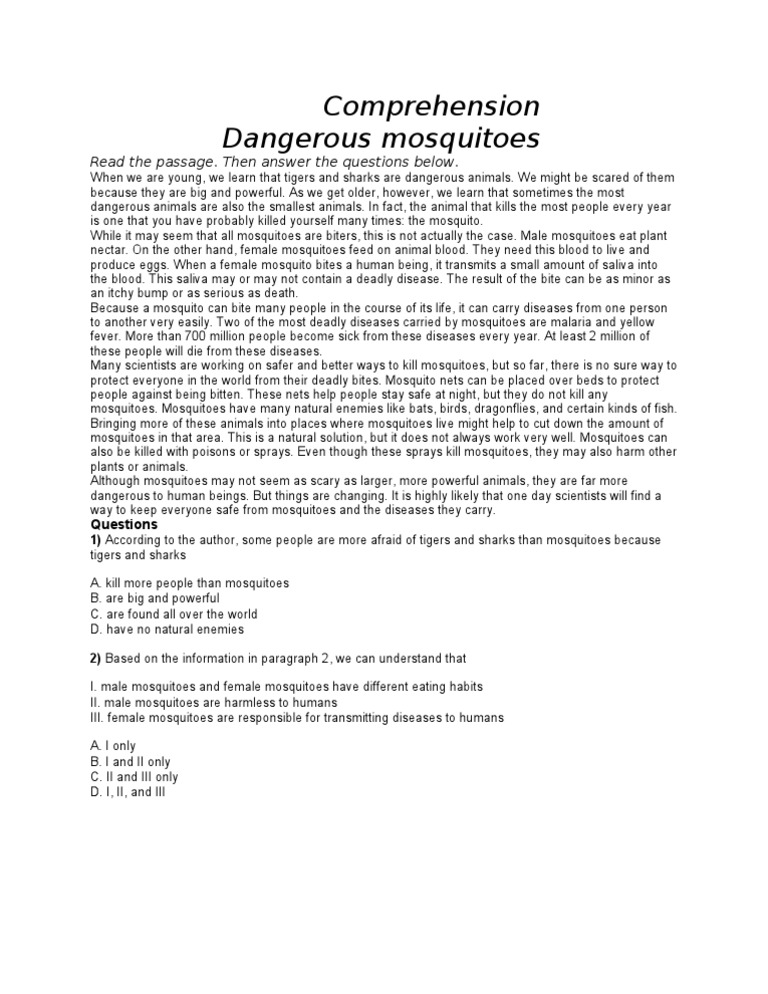 Comprehension Dangerous Mosquitoes | PDF | Mosquito | Animal Diseases