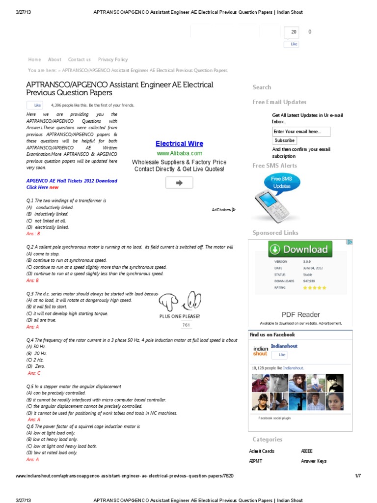 APTRANSCO - APGENCO Assistant Engineer AE Electrical Previous Question Papers - Indian Shout ...