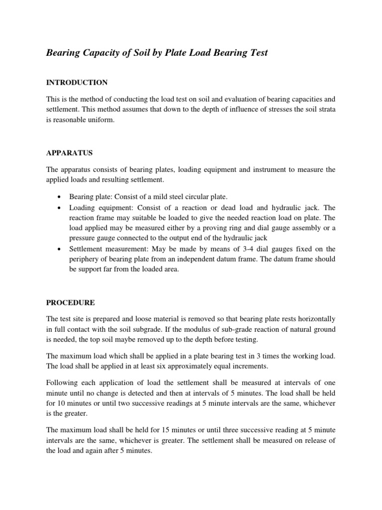 Plate Load Test for Soil Bearing Capacity | PDF