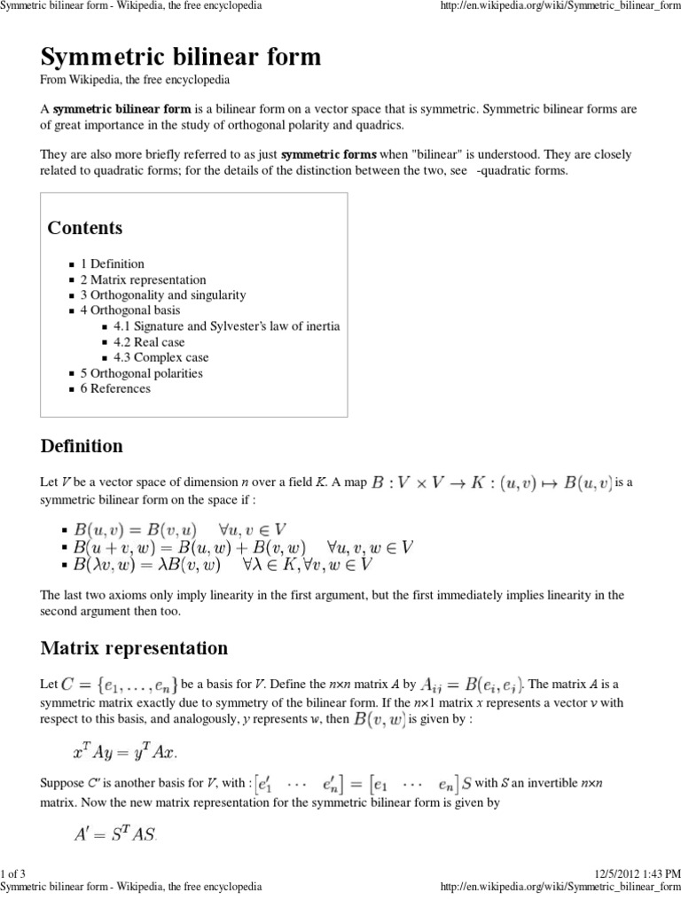 Symmetric Bilinear Form - Wikipedia, The Free Encyclopedia | PDF ...