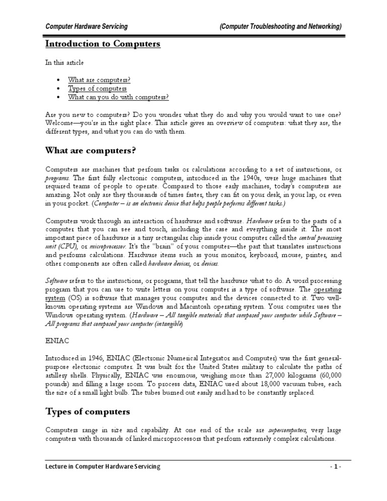 Computer Hardware Servicing NC II Module Part 1 Reviewer | Download Free PDF | Computer Hardware ...