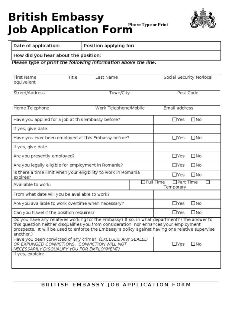 British Embassy Job Application Form: Please Type or Print | Download ...