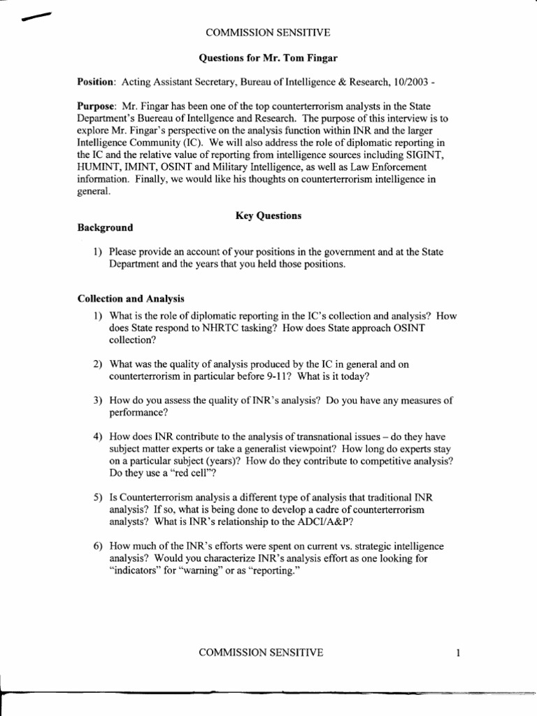 9/11 Commission Questions For State Department Official Tom Fingar ...