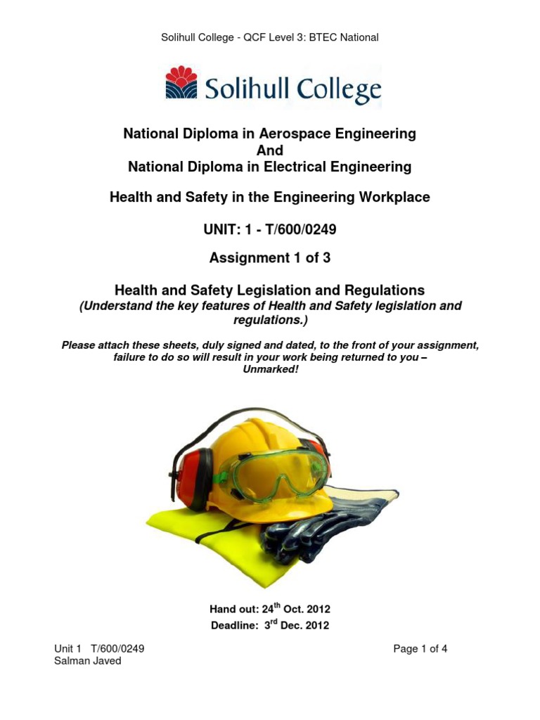 Health and Safety Assignment One - 2012-1 | Occupational Safety And ...