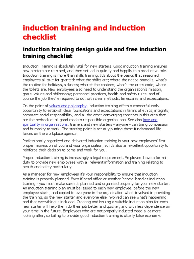 Induction Training and Induction Checklist | PDF | Inductive Reasoning ...
