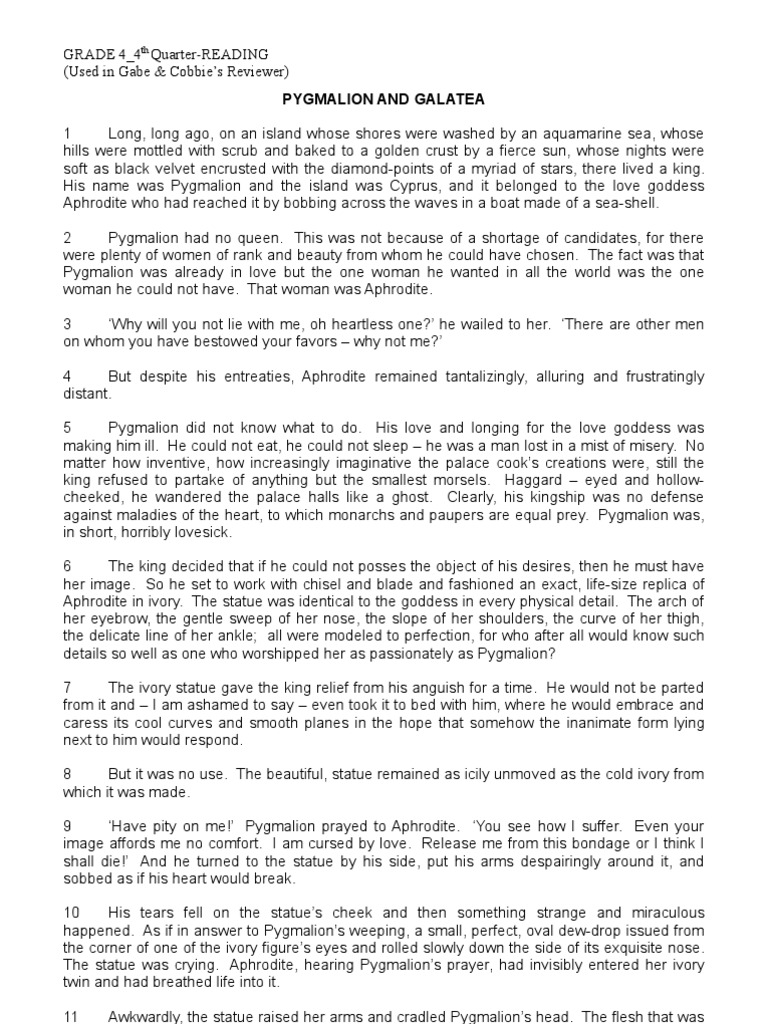 Grade 4 - 4q-Reading-Pygmalion and Galatea | PDF | Ancient Greek Religion