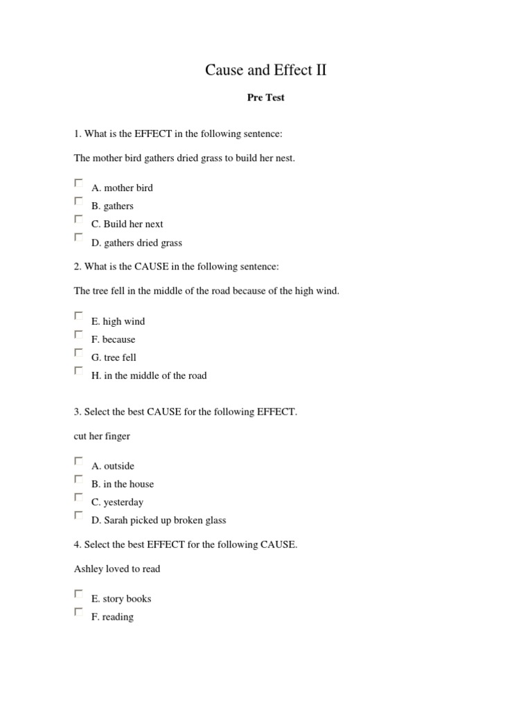 Cause and Effect Pre-Test Questions | PDF | Sports & Recreation ...