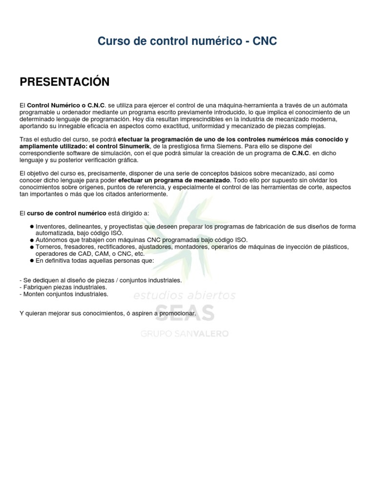 Curso de Control Numérico - CNC PDF | PDF | Control numerico | Mecanizado