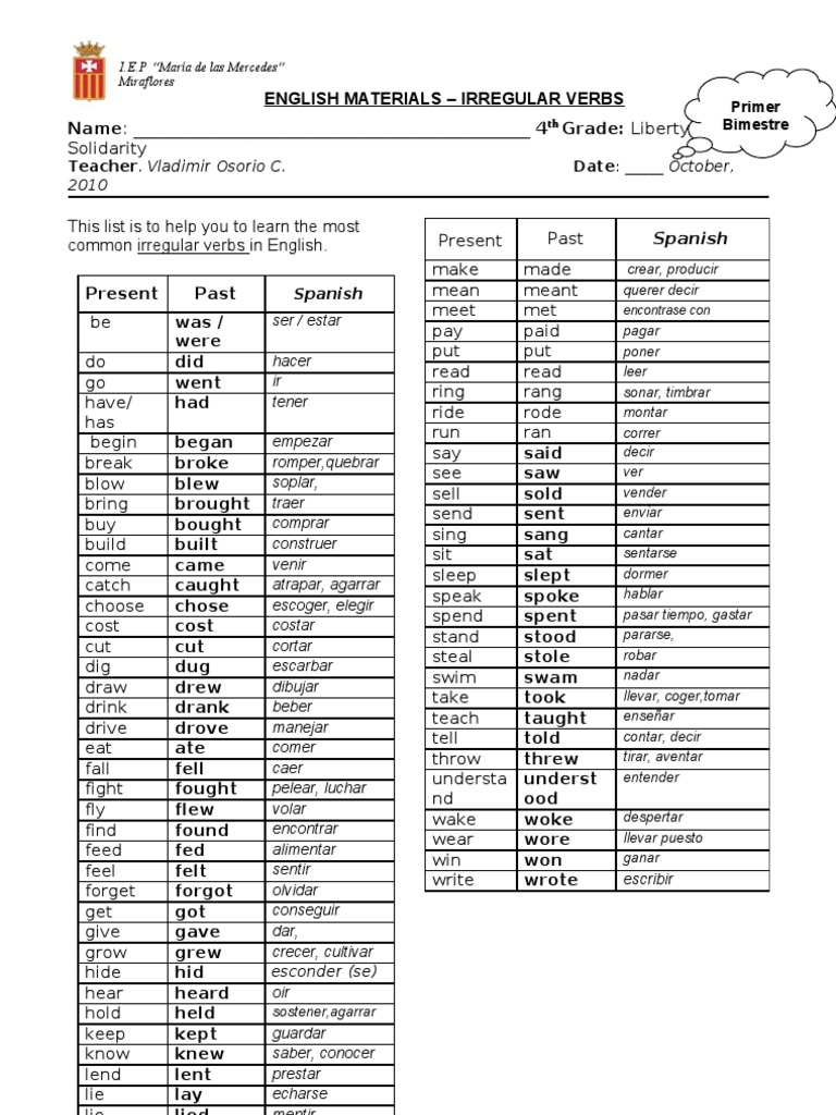 Common Irregular Verbs List | PDF | Language Arts & Discipline ...