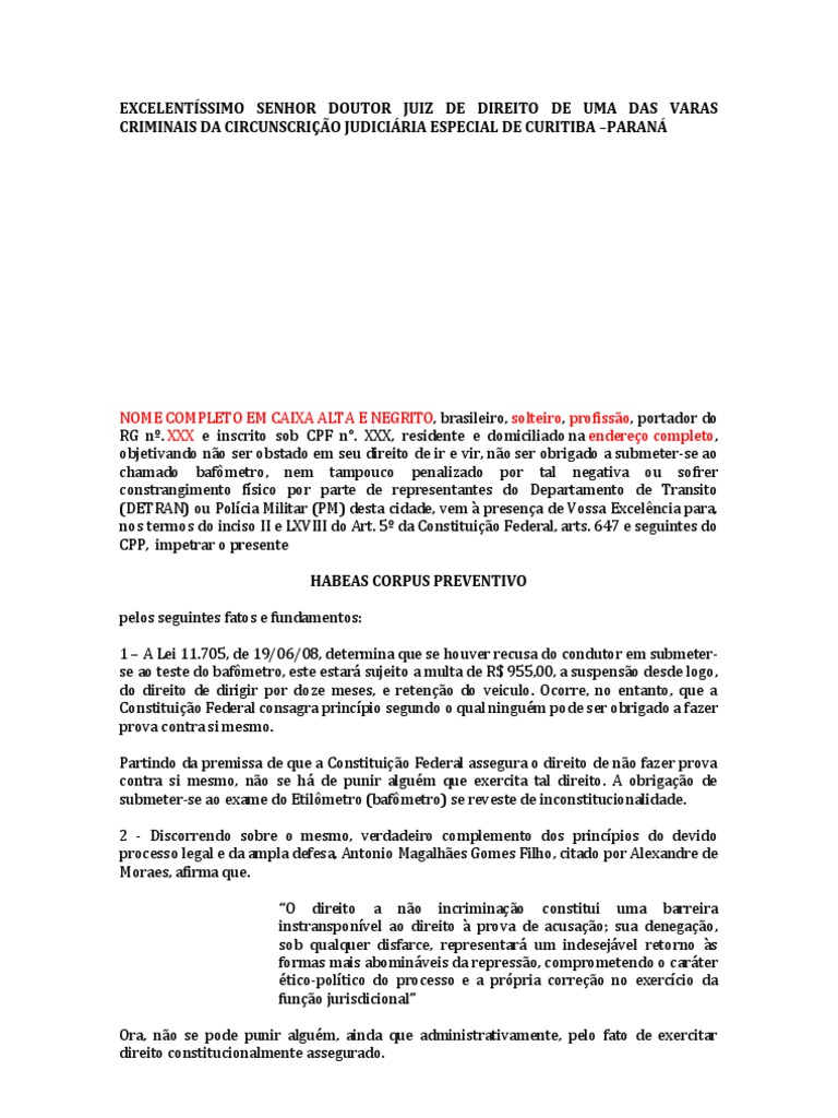 Modelo Habeas Corpus Preventivo Fazer Prova Contra SÍ Mesmo
