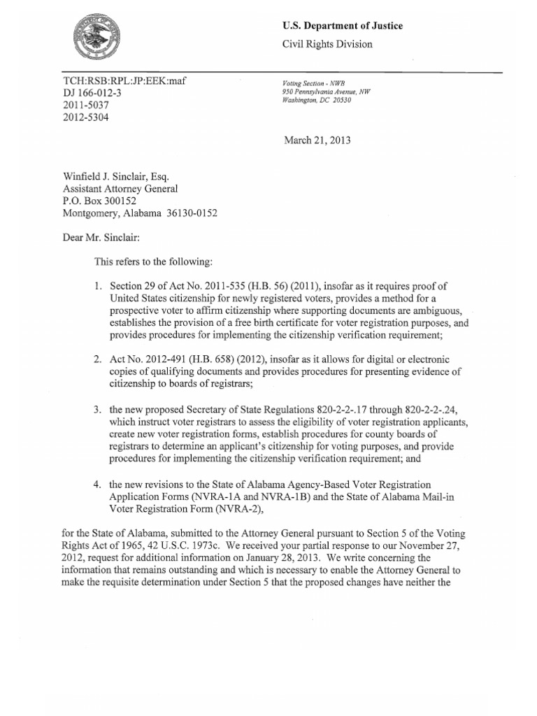 DOJ Letter re AL's HB56 § 29 and § 5 of Voting Rights Act | Voting ...