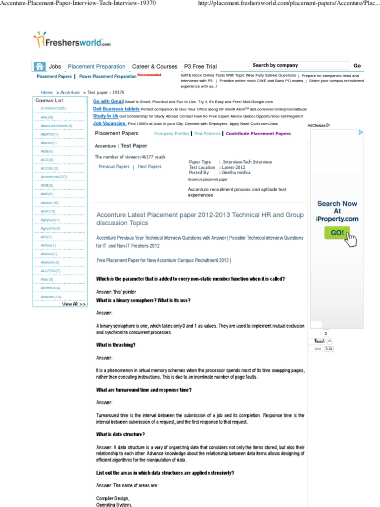 Accenture Placement Paper Interview Tech Interview 19370 | PDF | Data ...