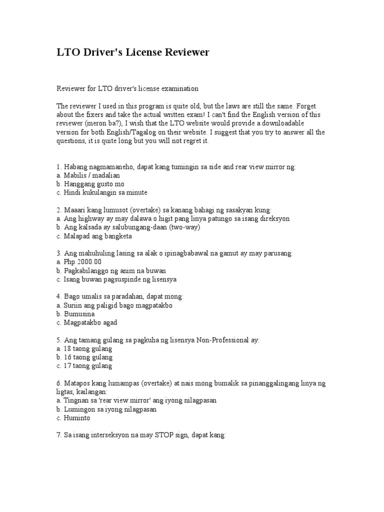 LTO Driver Exam | PDF
