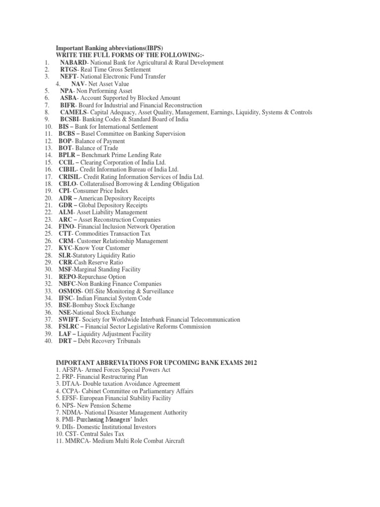 Banking & General Abbreviations List | PDF | Bank For International ...
