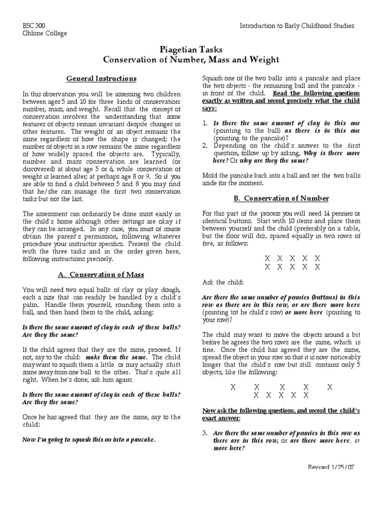 conservation task by jean piaget | Mass | Neuropsychological Assessment