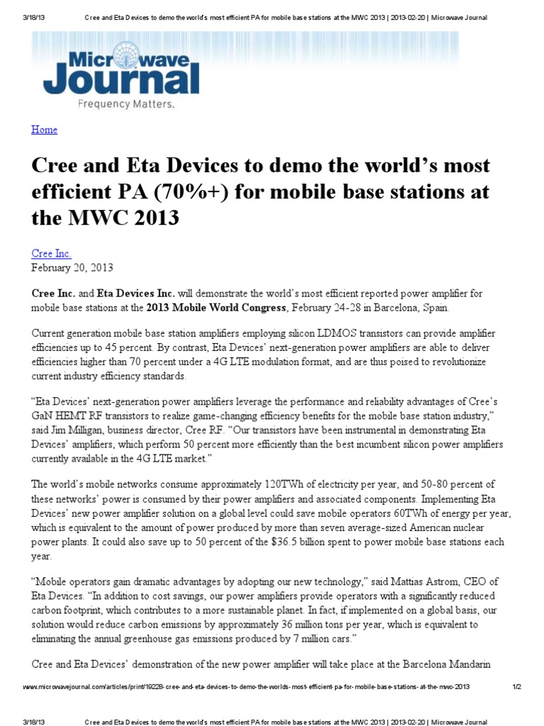 Cree and Eta Devices To Demo The World's Most Efficient PA For Mobile ...